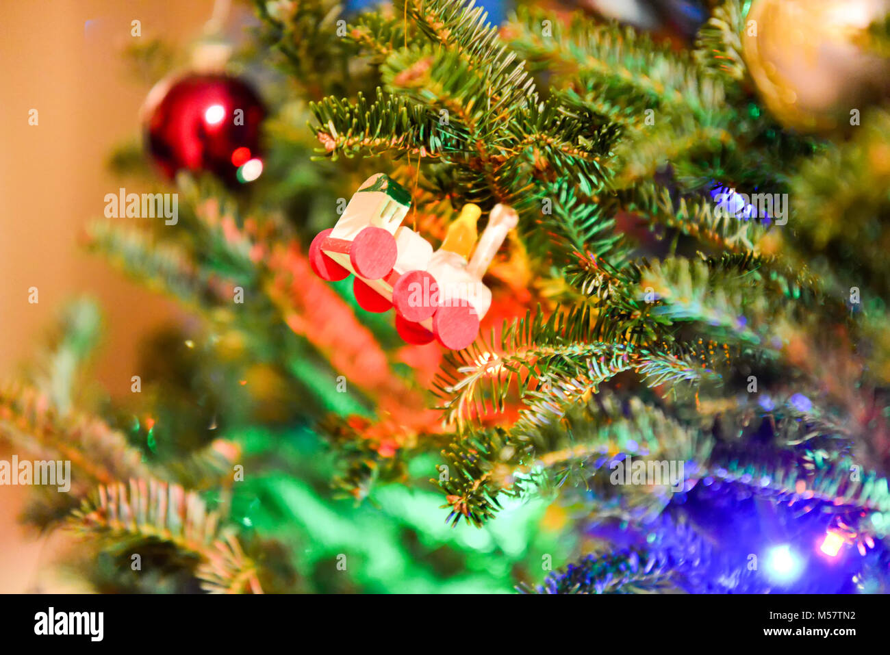 festive christmas tree with lights and decorations Stock Photo - Alamy