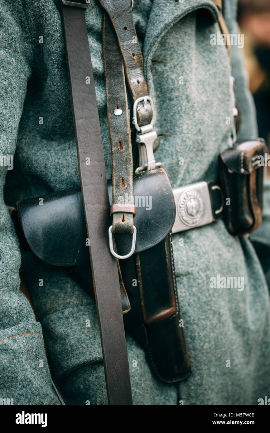 Leather holster for a pistol on the belt of a German soldier of the ...