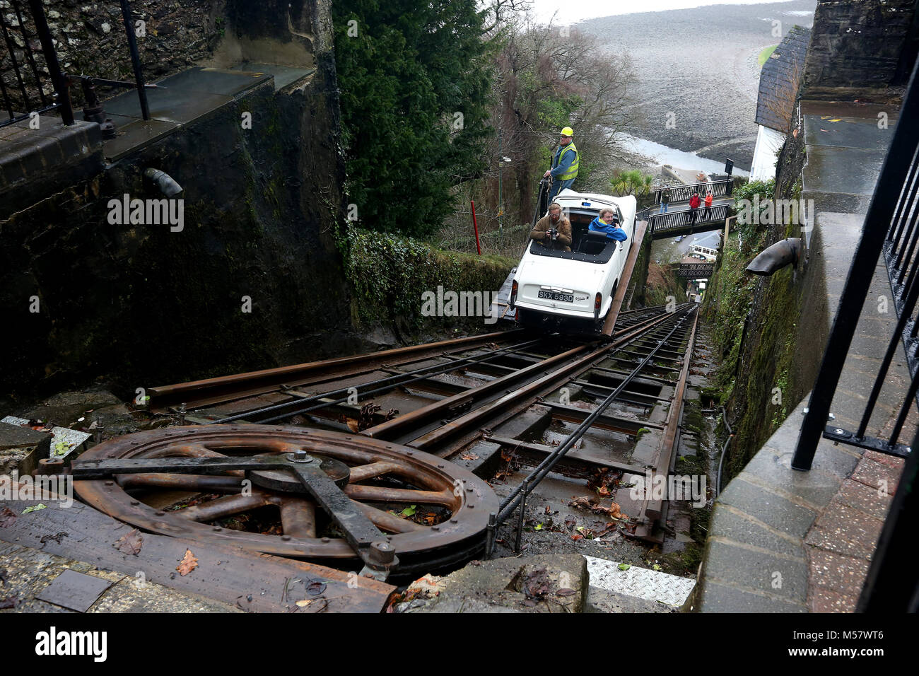 Classic cars use the water powered funicular at Lynton and Lynmouth ...