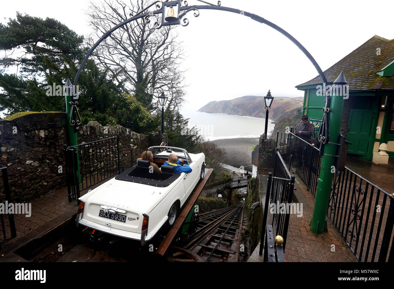Classic cars use the water powered funicular at Lynton and Lynmouth ...