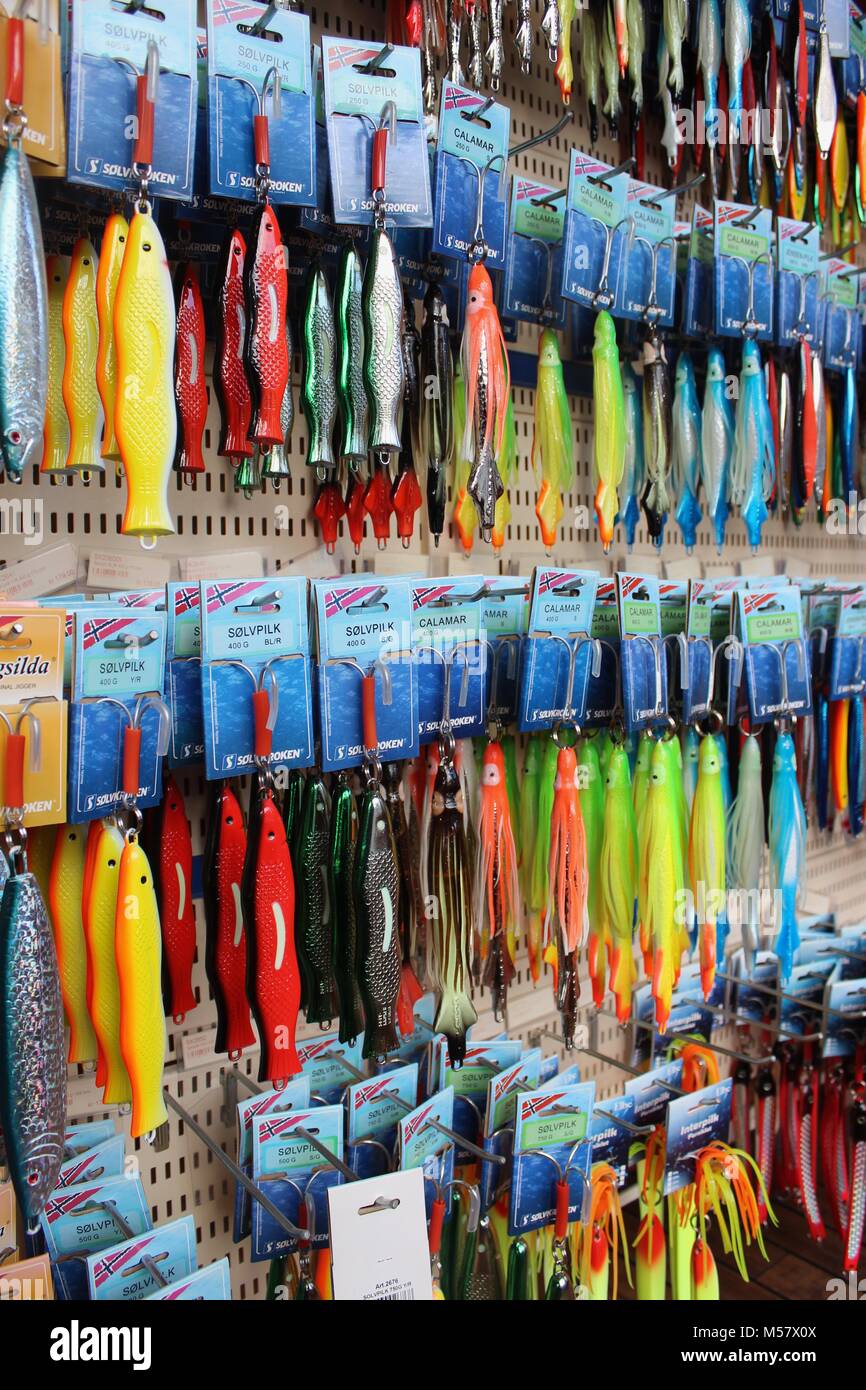 Shop display of colourful fishing lures and flies for anglers Stock ...