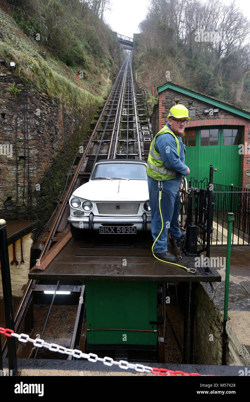 Classic cars use the water powered funicular at Lynton and Lynmouth ...