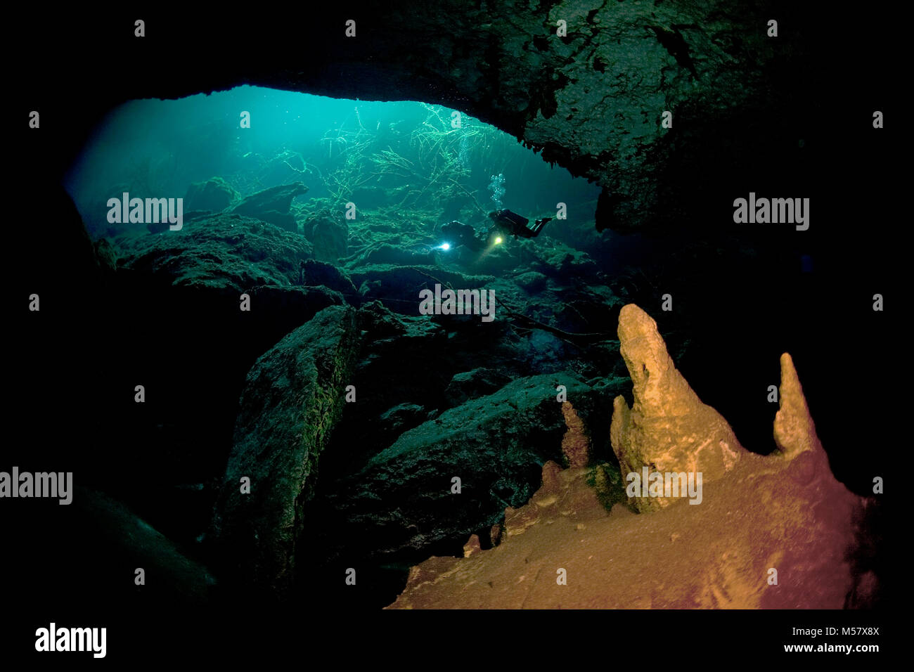 Cave diver at mouth of cave El Eden, Cenotes, Tulum, Yucatan, Quintana ...