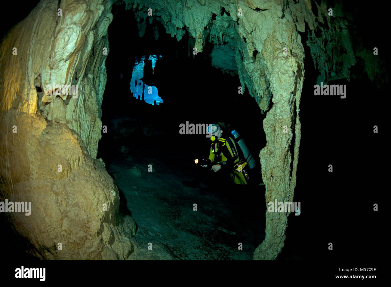Cave diver inside the cenote Grand Cenote, Cenotes, Tulum, Yucatan ...