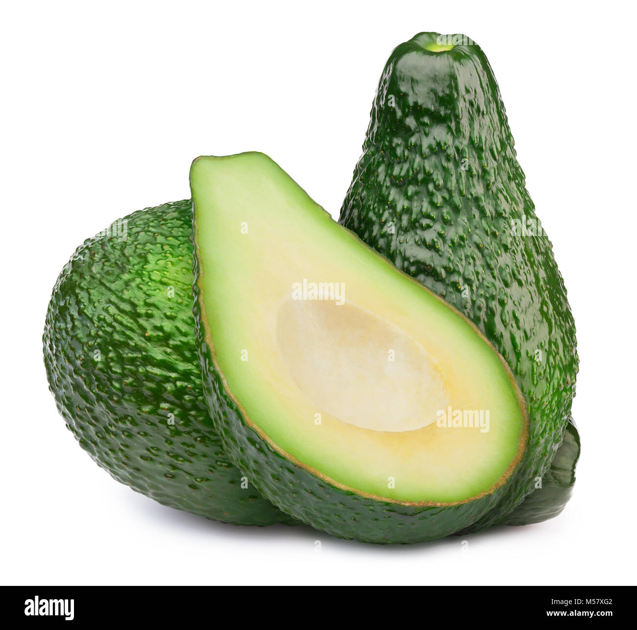 Group of three green avocados isolated on white background, with ...
