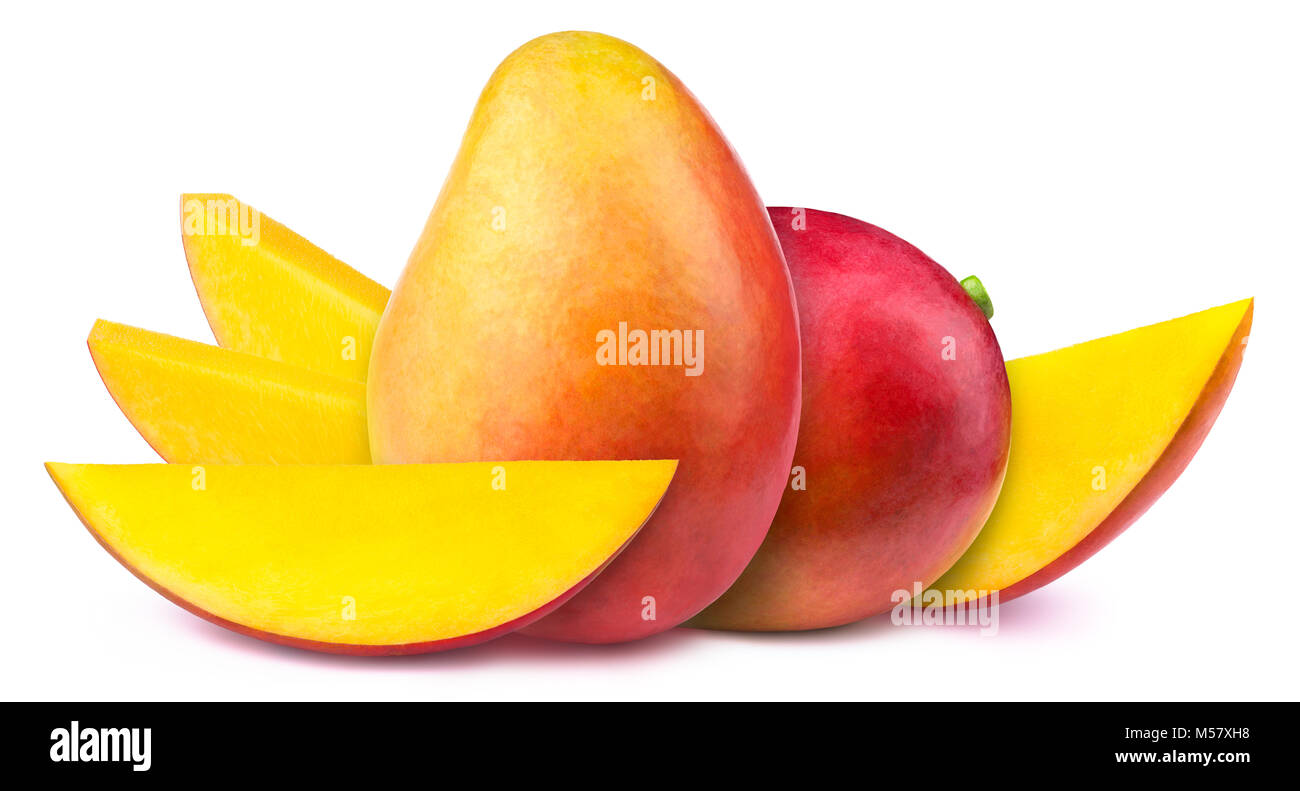 Two whole Mangoes with four slices isolated on white background, with ...