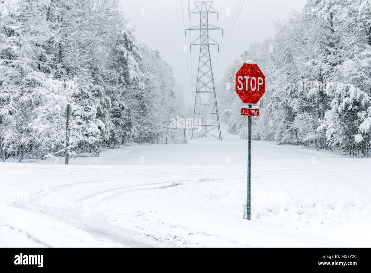 Snow covered street with stop sign and trees and high voltage power ...