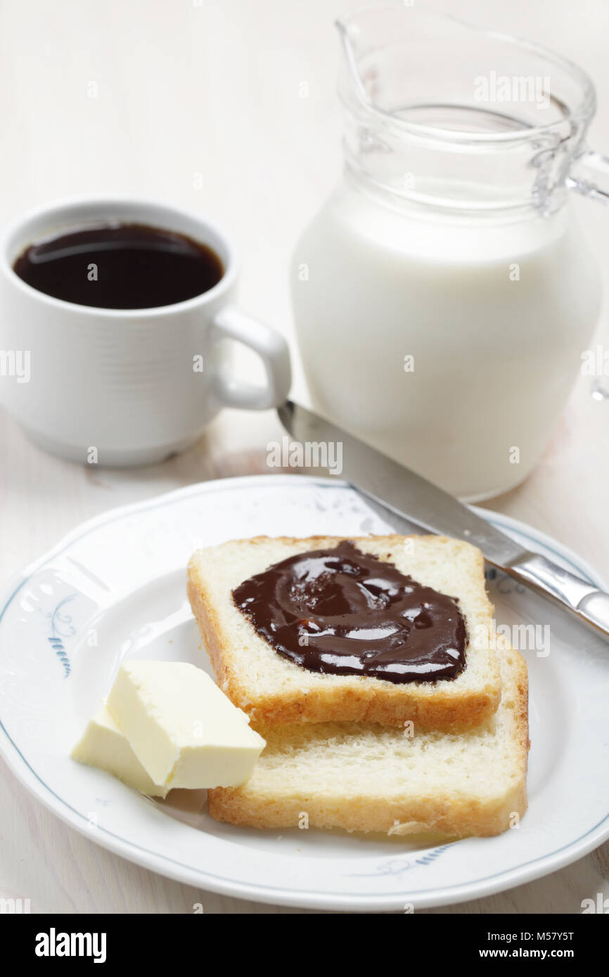 Breakfast with toasts, chocolate, butter, milk and coffee Stock Photo ...