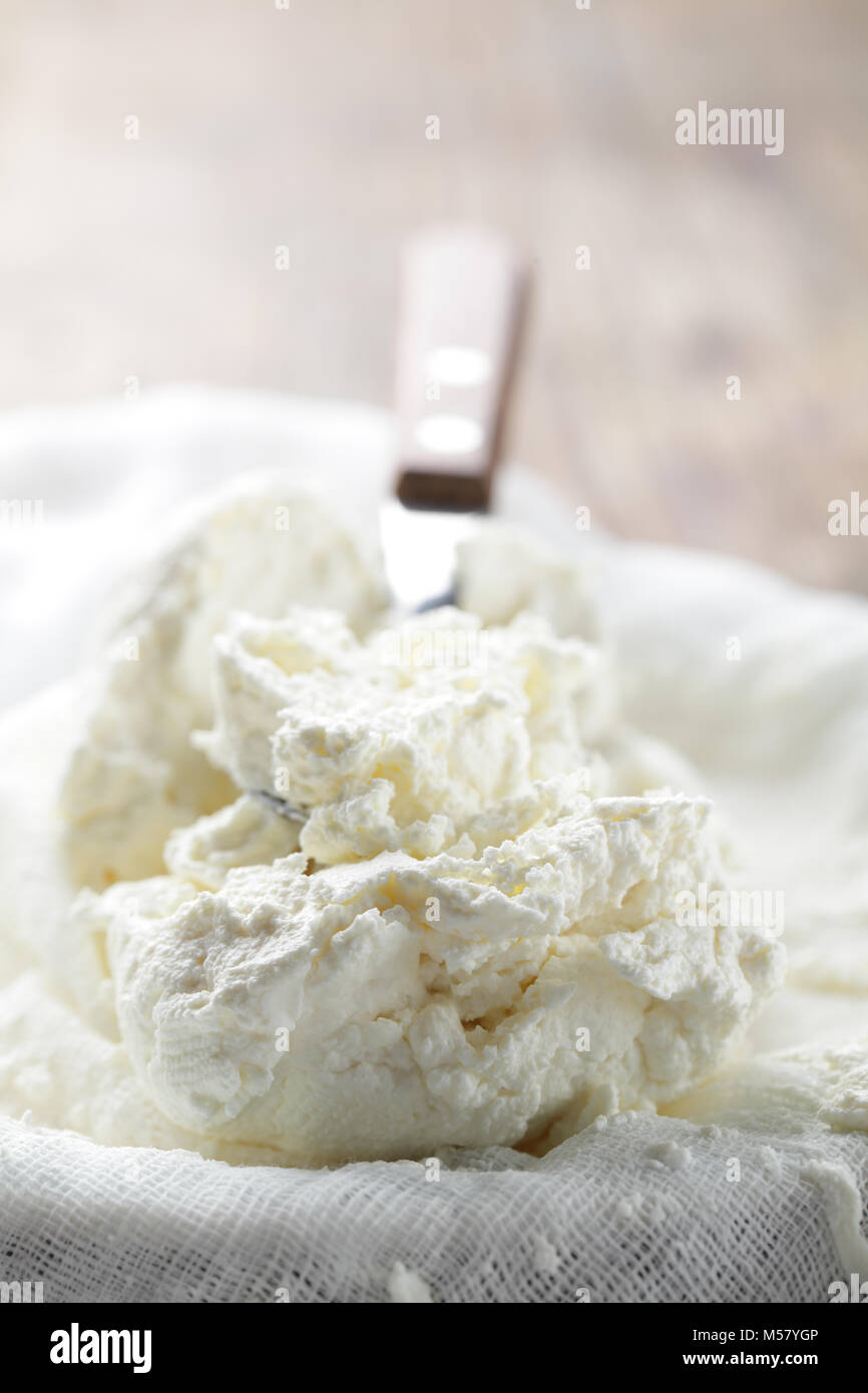 Cottage cheese in a spoon closeup Stock Photo - Alamy
