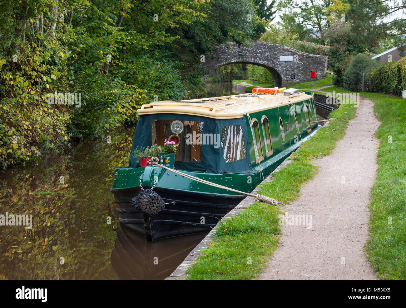 A Narrow boat is moored up on the Brecon and Monmouthshire Canal near ...