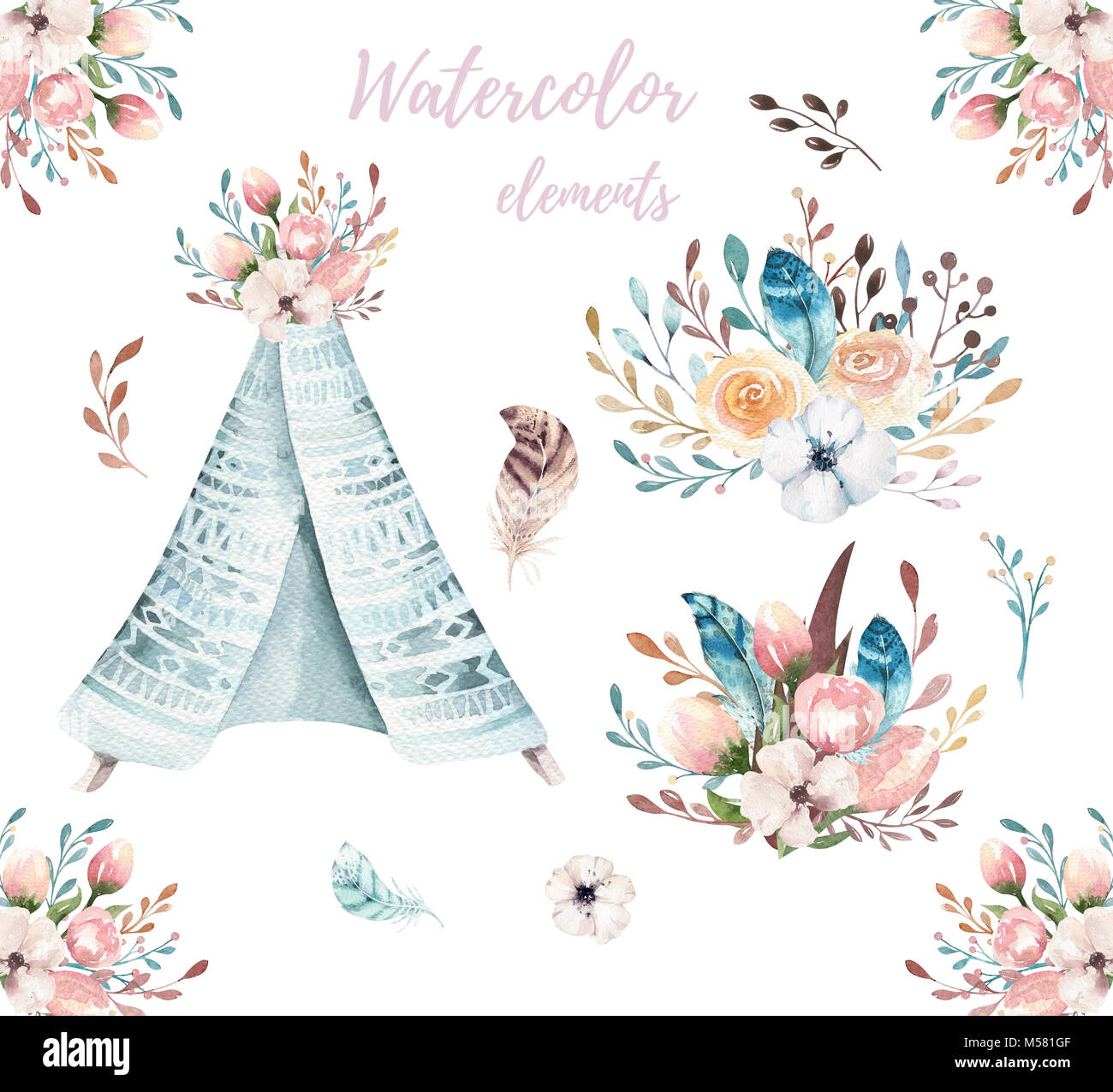 Hand drawn watercolor tribal teepee, isolated white campsite tent. Boho ...