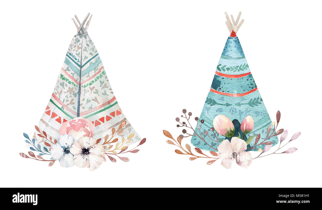 Hand drawn watercolor tribal teepee, isolated white campsite tent. Boho ...