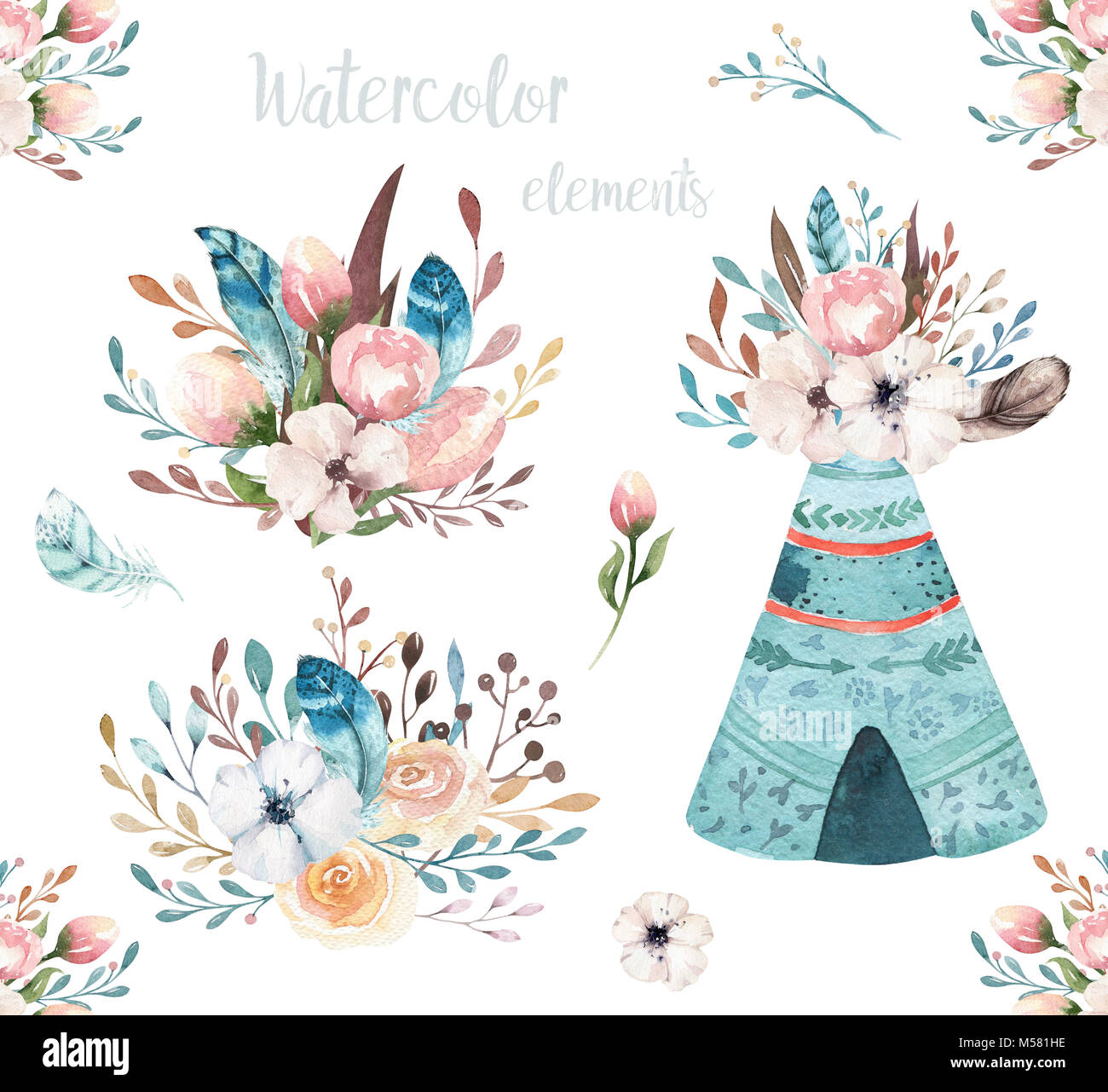 Hand drawn watercolor tribal teepee, isolated white campsite tent. Boho ...