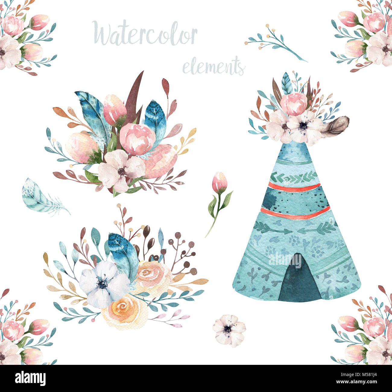 Hand drawn watercolor tribal teepee, isolated white campsite tent. Boho ...