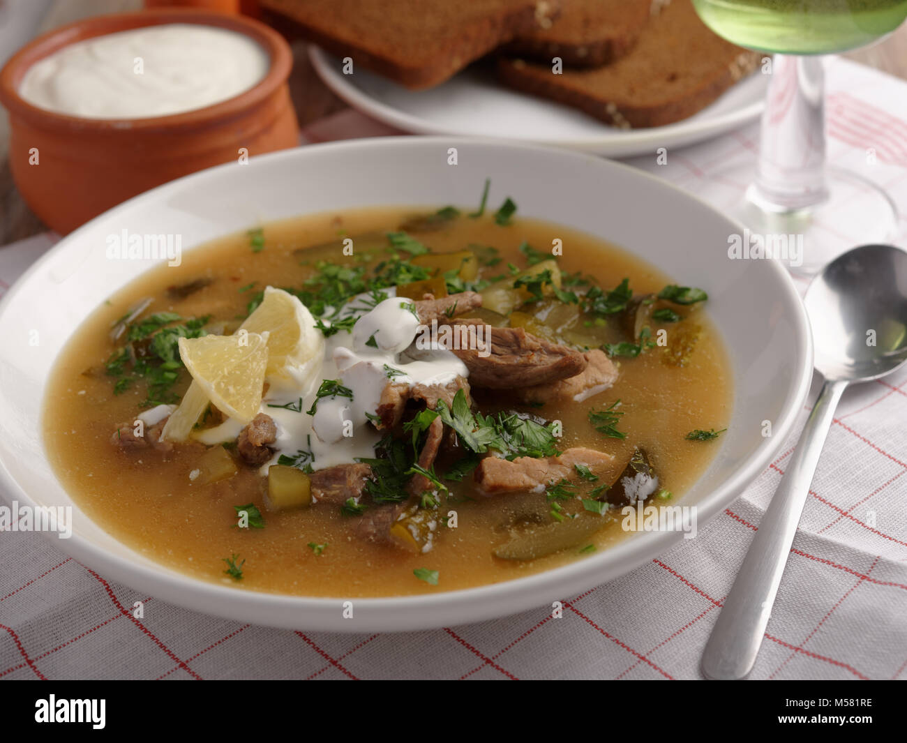 Rassolnik the traditional Russian soup prepared by retro recipe Stock ...