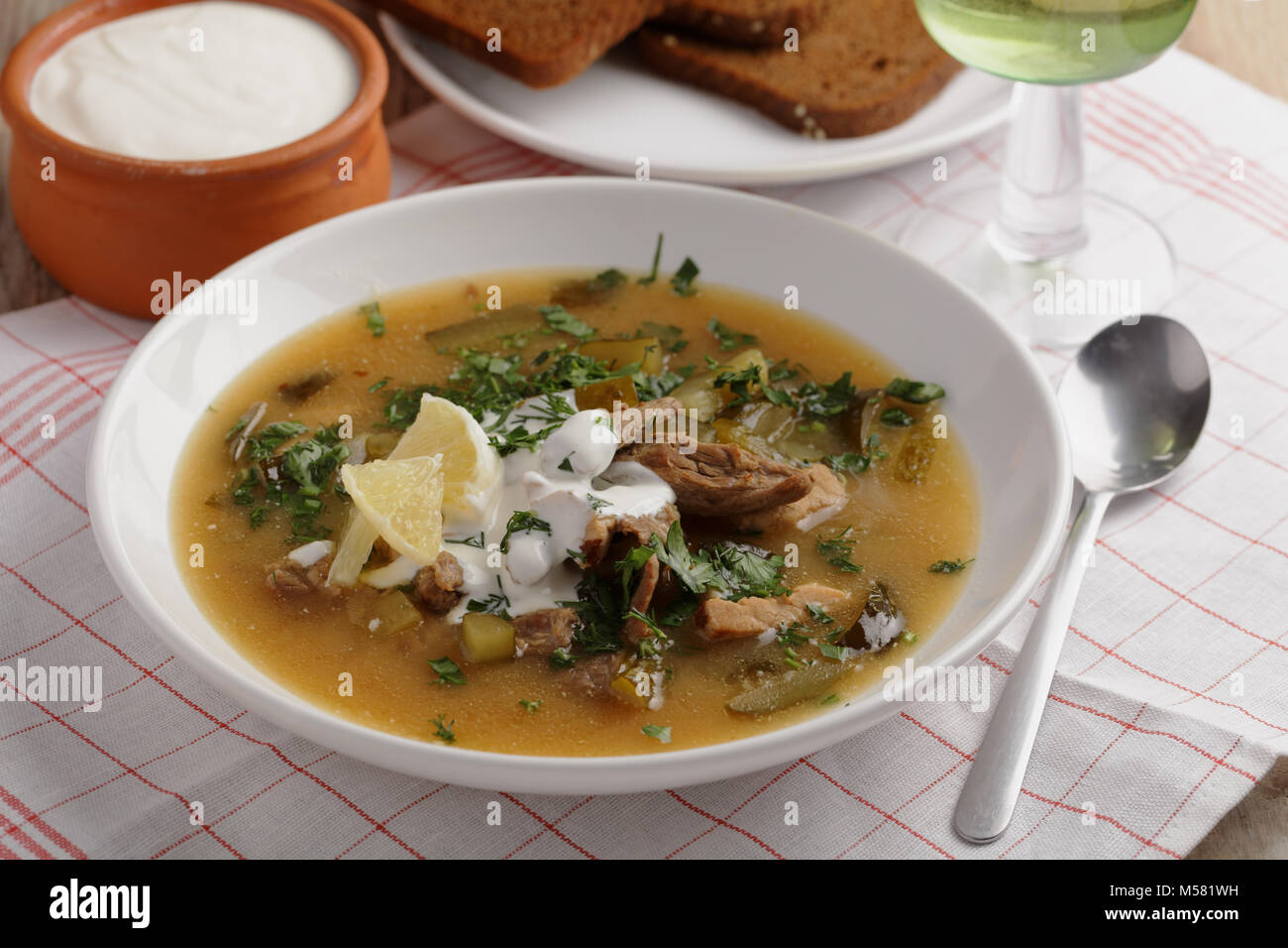 Rassolnik the traditional Russian soup prepared by retro recipe Stock ...
