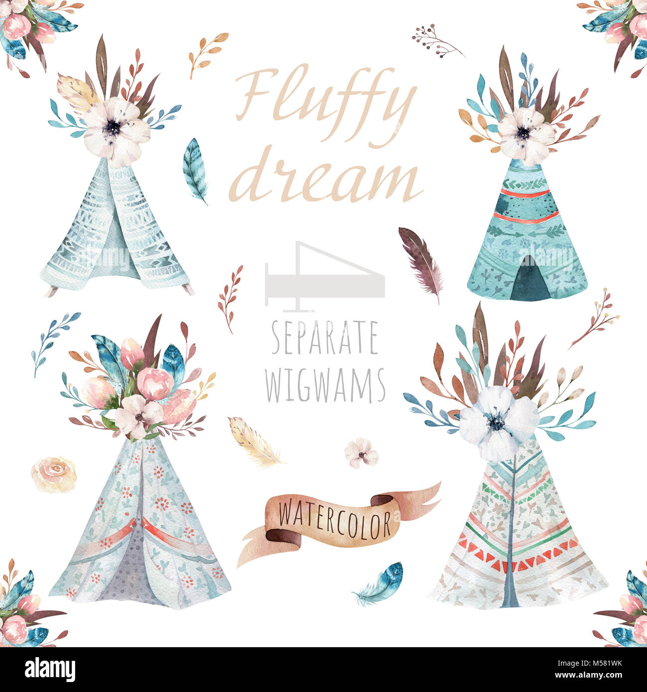 Hand drawn watercolor tribal teepee, isolated white campsite tent. Boho ...