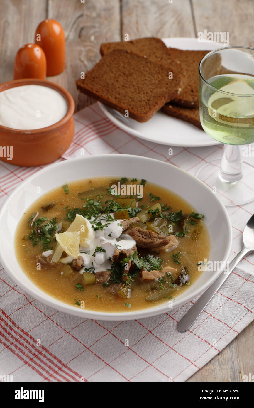 Rassolnik the traditional Russian soup prepared by retro recipe Stock ...