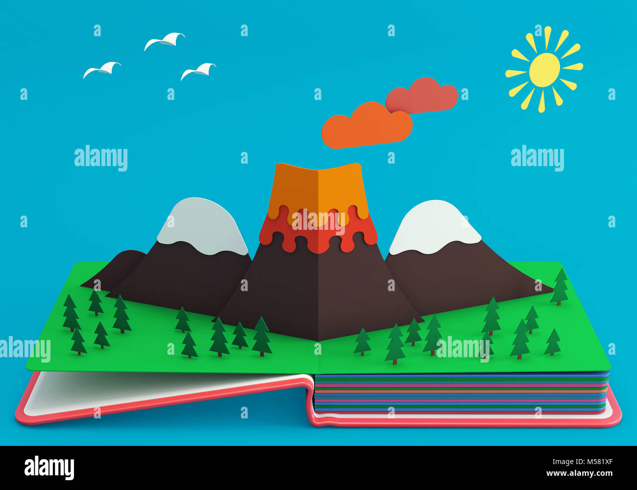 Pop Up Book With Mountainous Landscape And Active Volcano. 3D Rendering ...