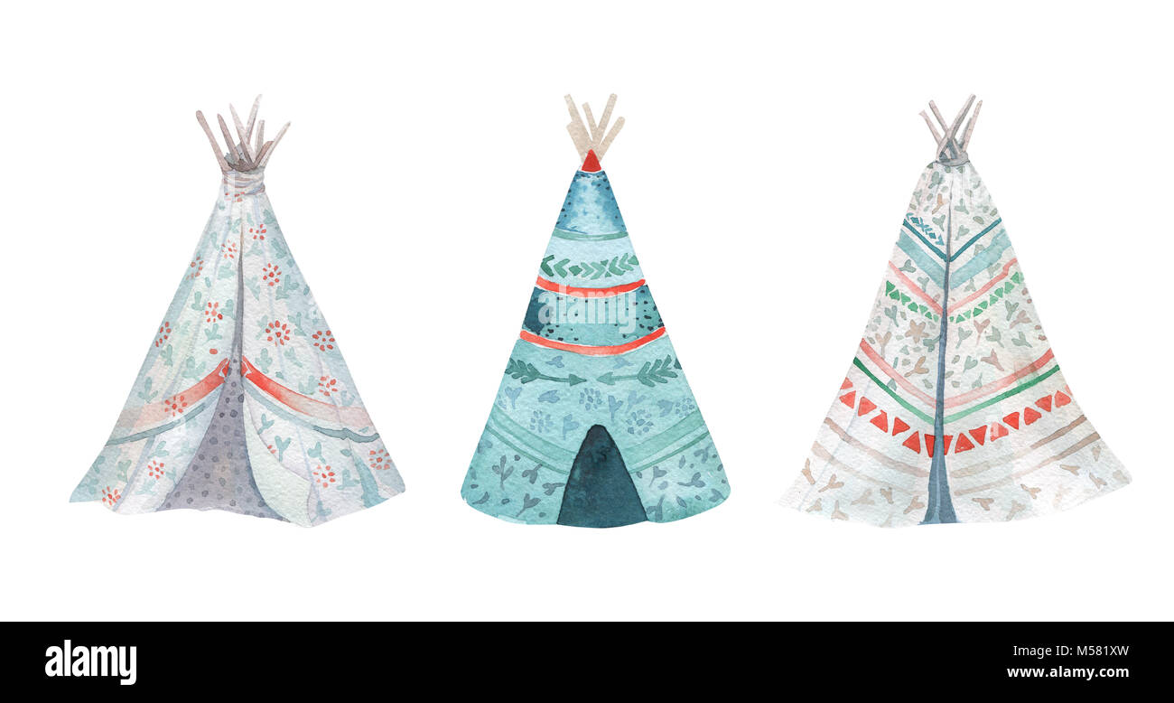 Hand drawn watercolor tribal teepee, isolated white campsite tent. Boho ...