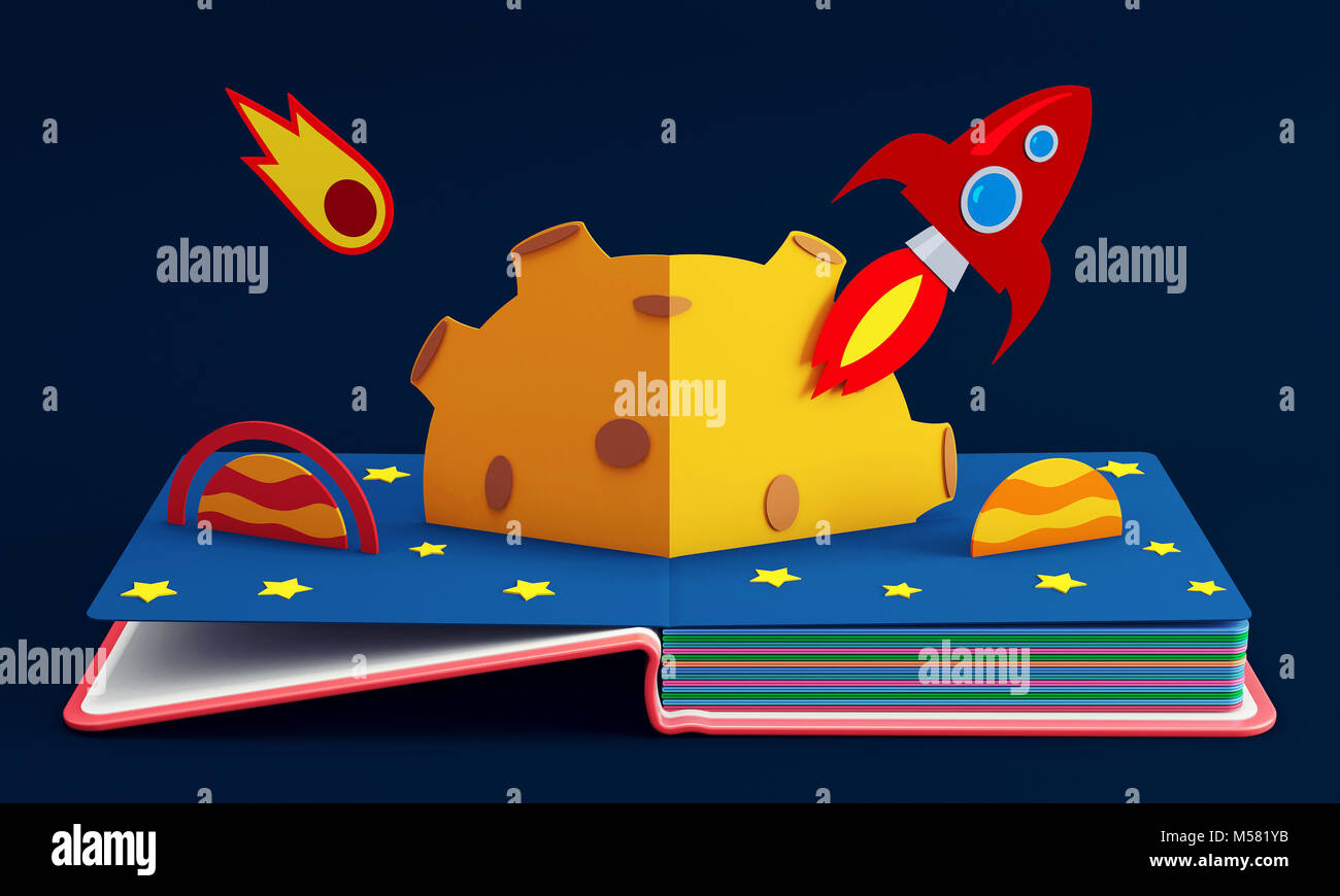 Pop Up Book With Rocket In Space. 3D Rendering Stock Photo - Alamy