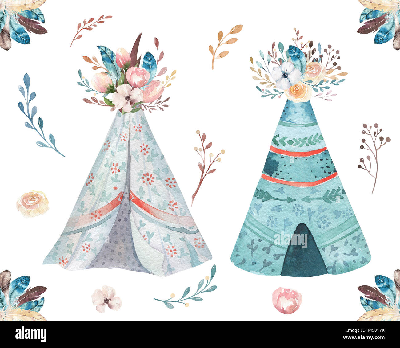 Hand drawn watercolor tribal teepee, isolated white campsite tent. Boho ...