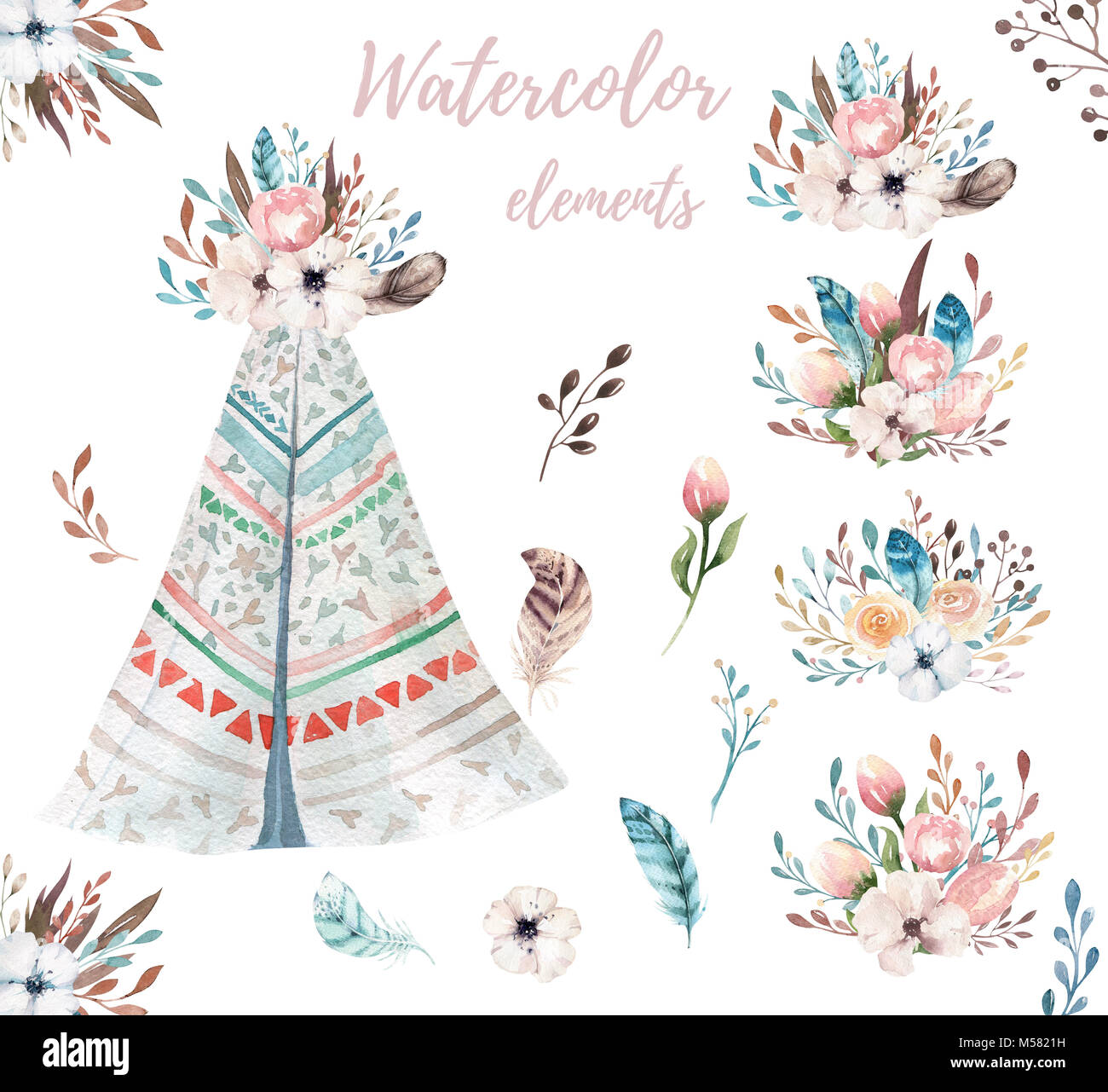 Hand drawn watercolor tribal teepee, isolated white campsite tent. Boho ...
