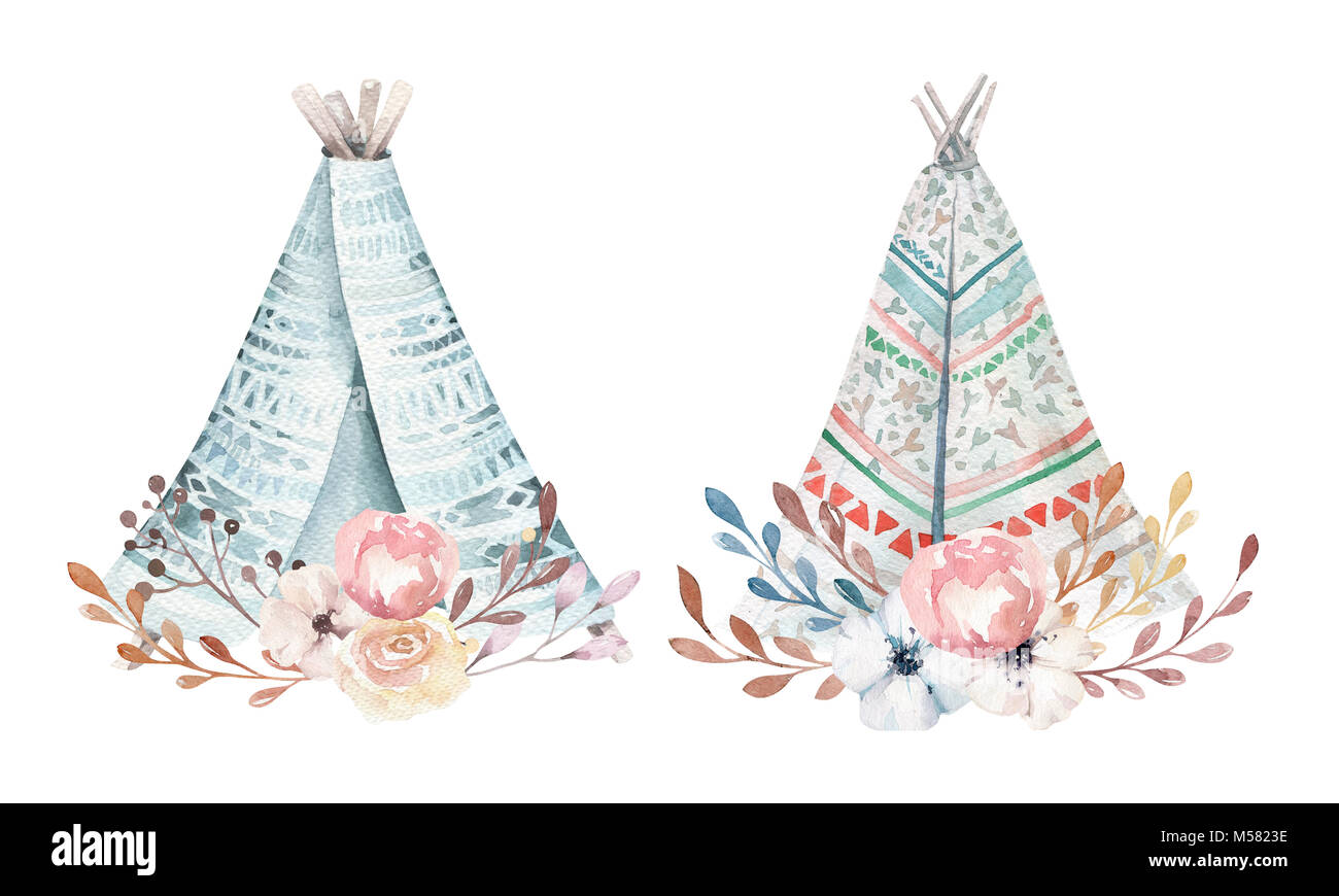 Hand drawn watercolor tribal teepee, isolated white campsite tent. Boho ...