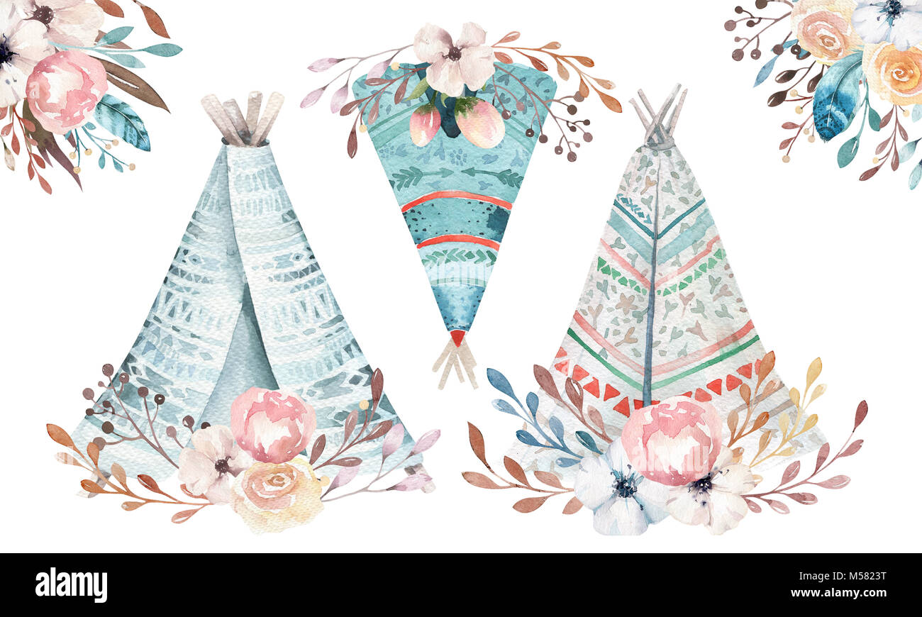 Hand drawn watercolor tribal teepee, isolated white campsite tent. Boho ...