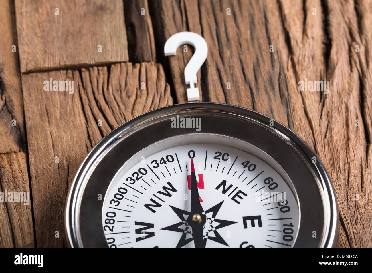 Closeup of compass and question mark on wooden table Stock Photo - Alamy