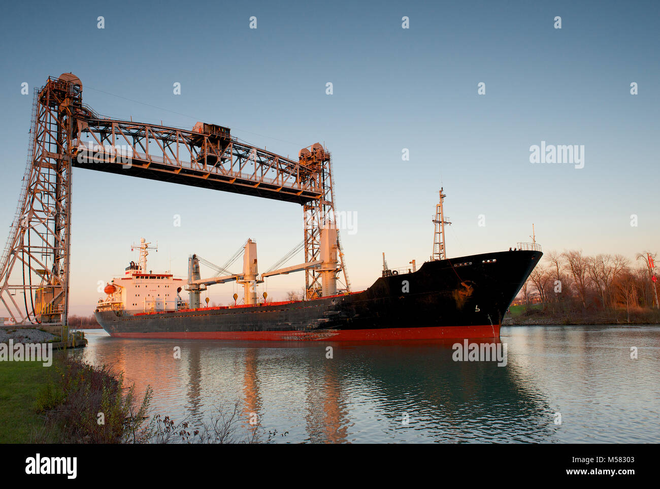 A self-discharging bulk carrier passing through the Welland Canal ...