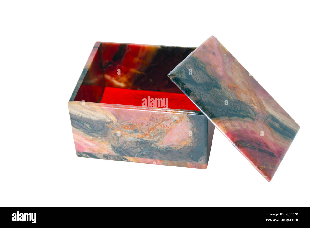 small simple stone box of polished rhodonite with an open lid isolated ...