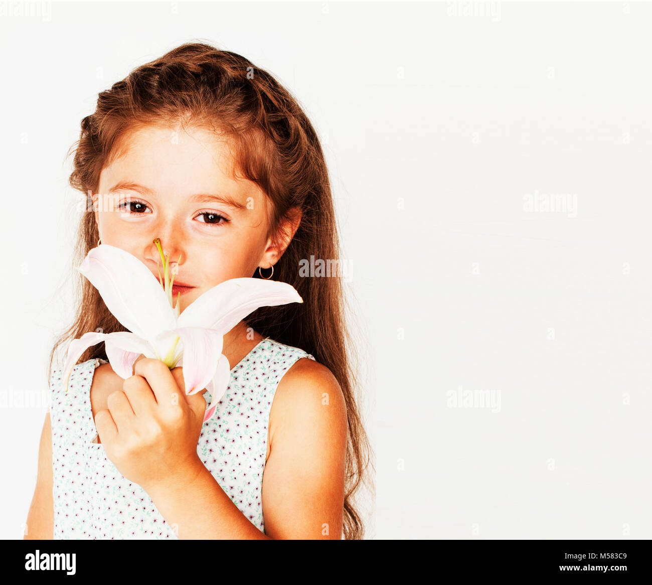 little cute beauty girl isolated on white background holding flo Stock ...