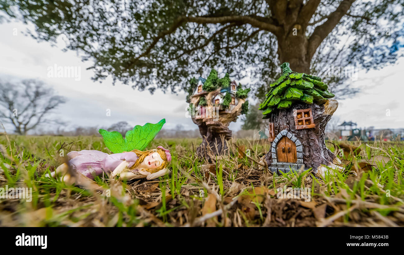 Fairy princess dreams outside of woodland houses Stock Photo - Alamy