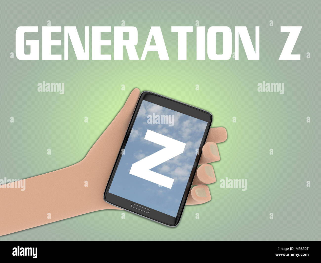 3D illustration of Z script on the screen of a cellulr phone held by ...