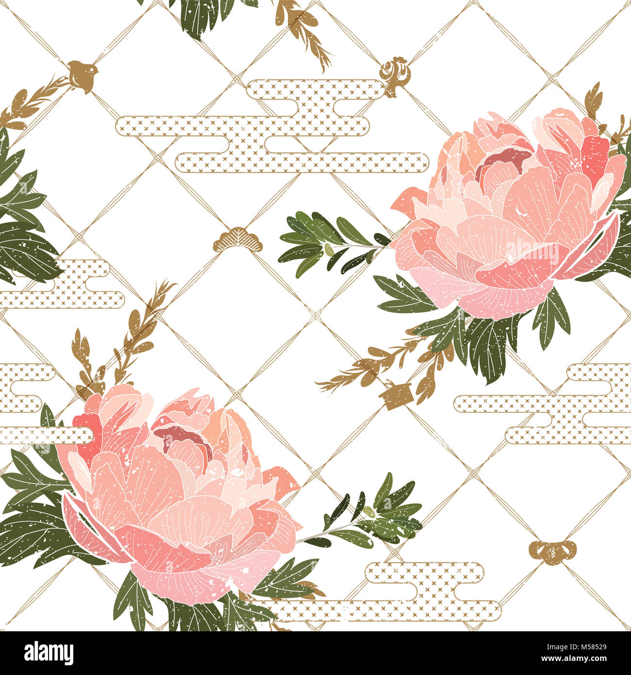 Floral pattern seamless with Japanese background vector. Peony flower ...