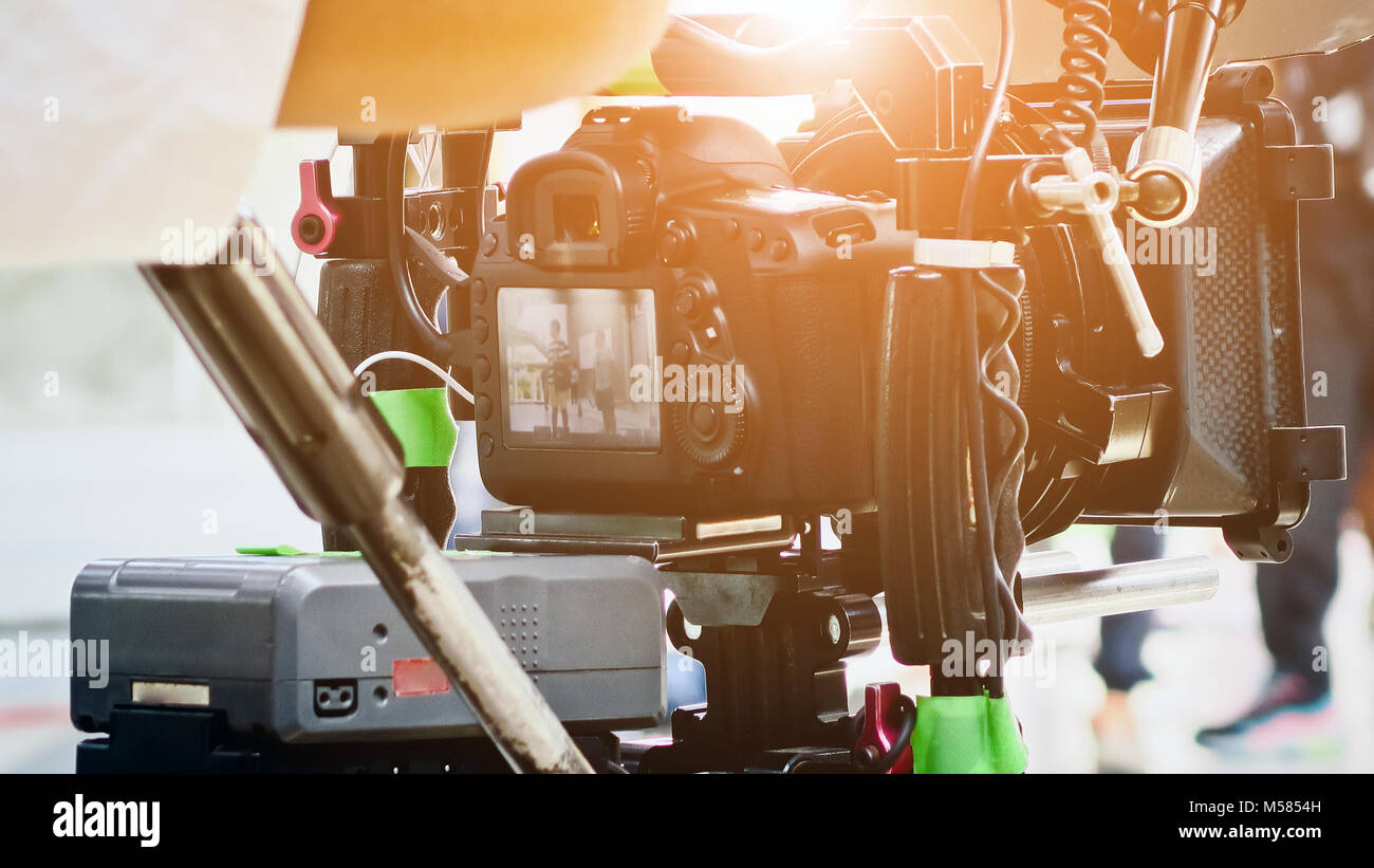 Cinema Camera on Film Set, Behind the scenes background, film crew ...