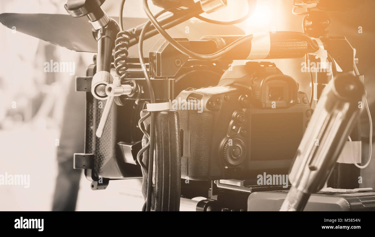 Cinema Camera on Film Set, Behind the scenes background, film crew ...