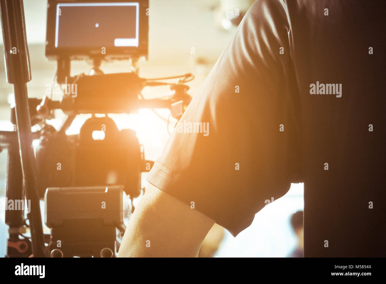 Cinema Camera on Film Set, Behind the scenes background, film crew ...