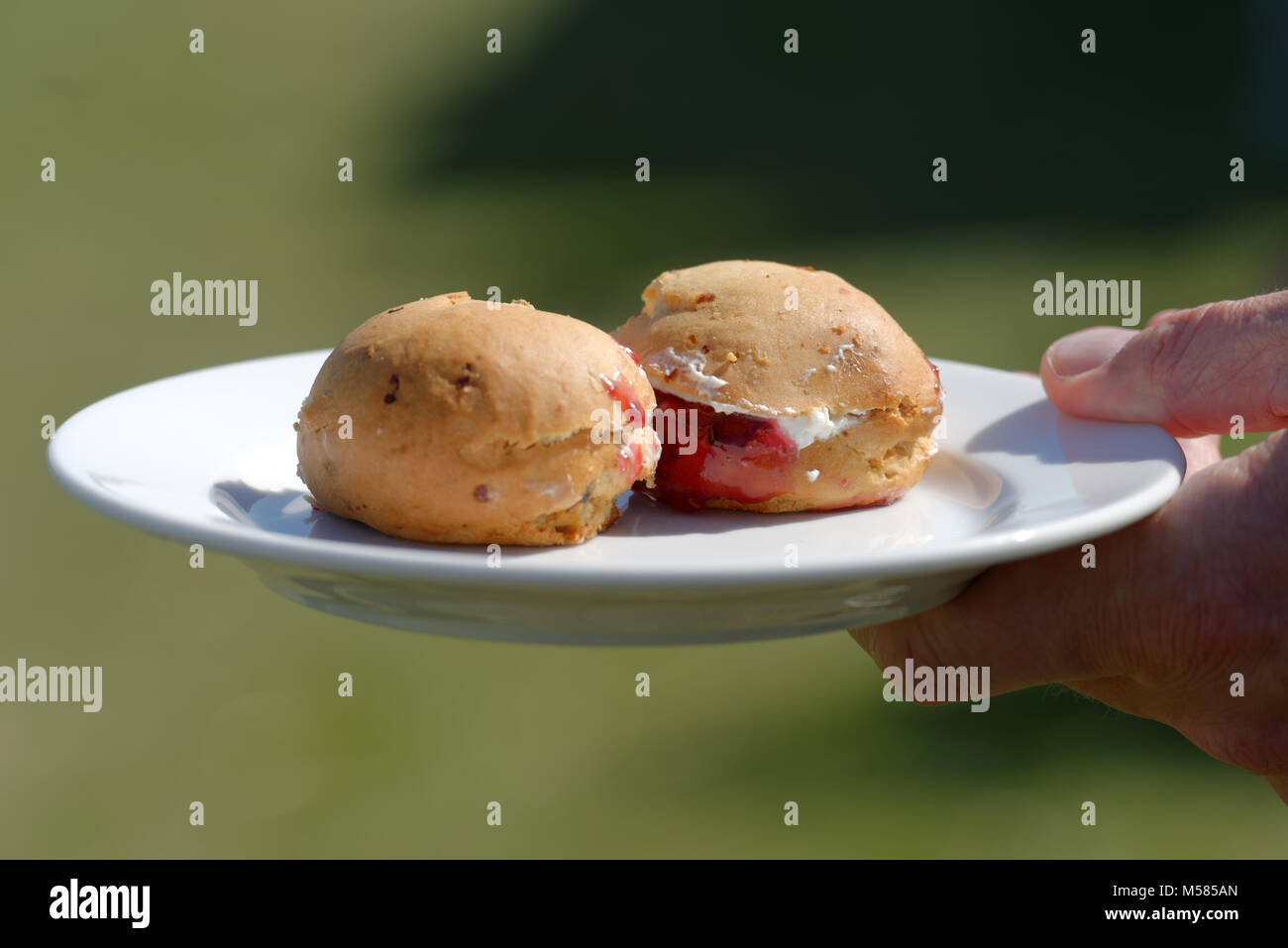 Two scones on a plate outdoors Stock Photo - Alamy