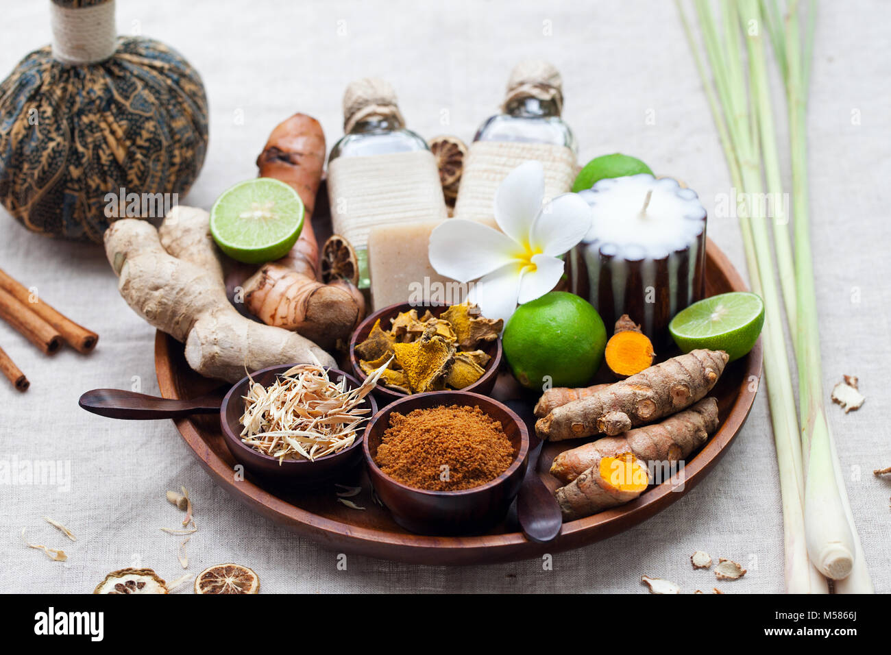 Spa, heath care set of essential oils, soap, ginger, turmeric roots and ...