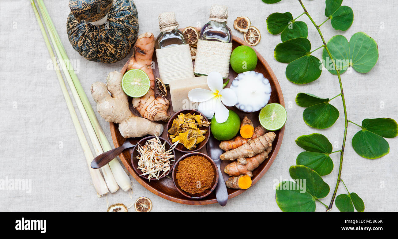 Spa, heath care set of essential oils, soap, ginger, turmeric roots and ...