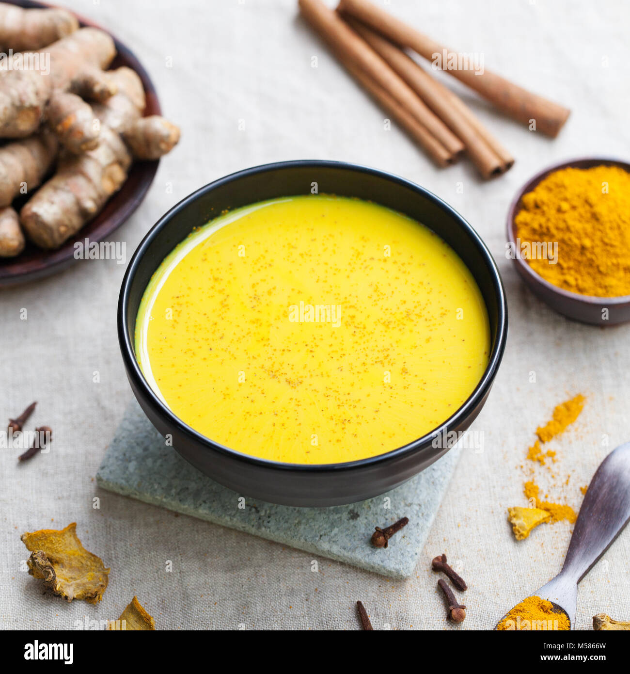 Turmeric drink, tea, milk with cinnamon with fresh and dried turmeric ...