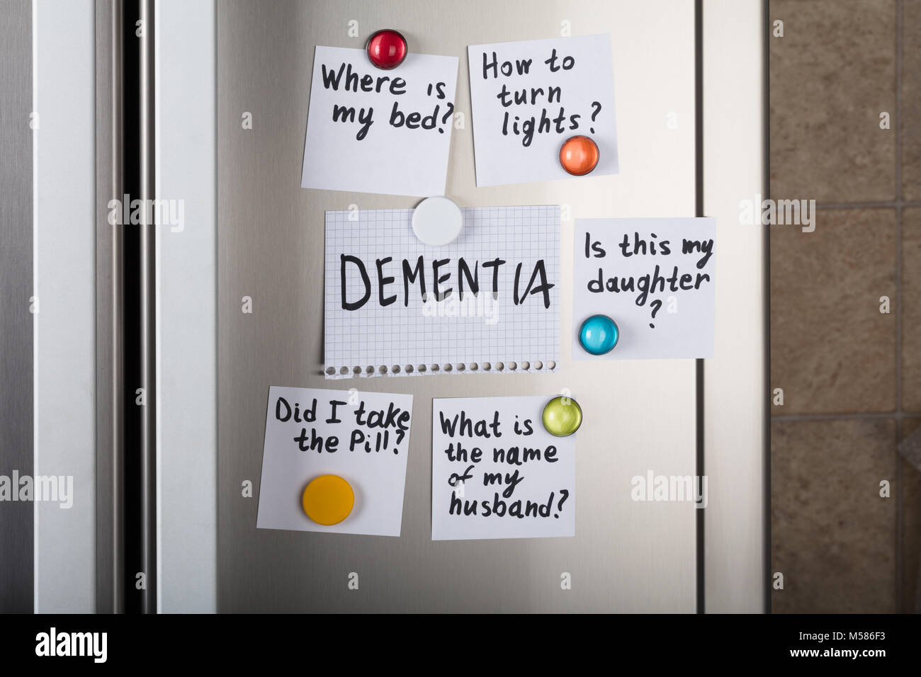 Closeup of dementia note with various reminders attached with magnetic ...