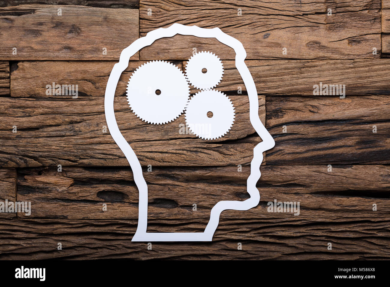 Directly above shot of paper businessman's head outline with metallic ...