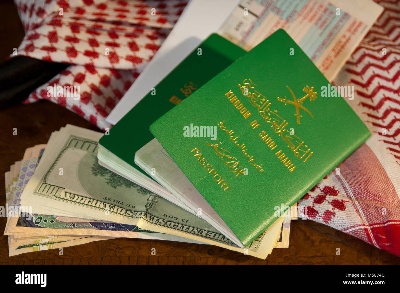 Saudi Traveler Document Passport Flight Ticket Saudi Riyals Money and ...