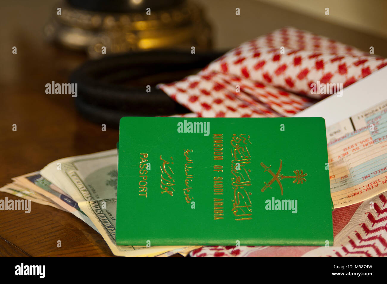 Saudi Traveler Document Passport Flight Ticket Saudi Riyals Money and ...