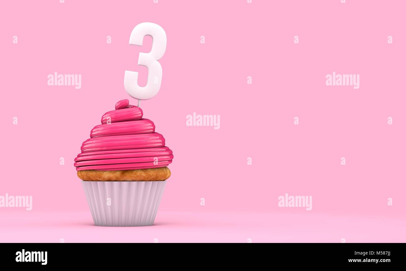 Number 3 pink birthday celebration cupcake. 3D Rendering Stock Photo ...