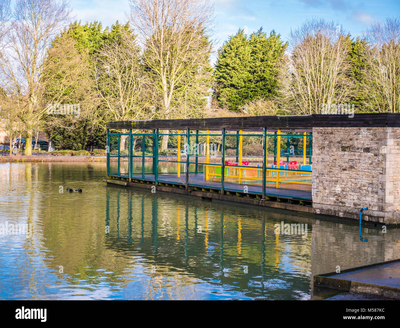 The cafe at the boating lake complex, Corby, England, on a sunny winter ...