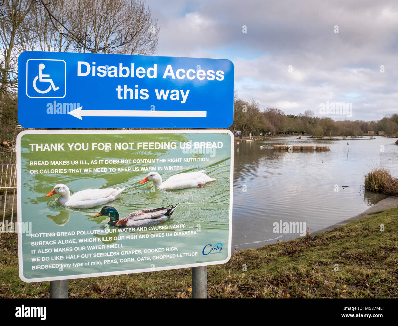Notice about feeding ducks and disabled access at the boating lake ...